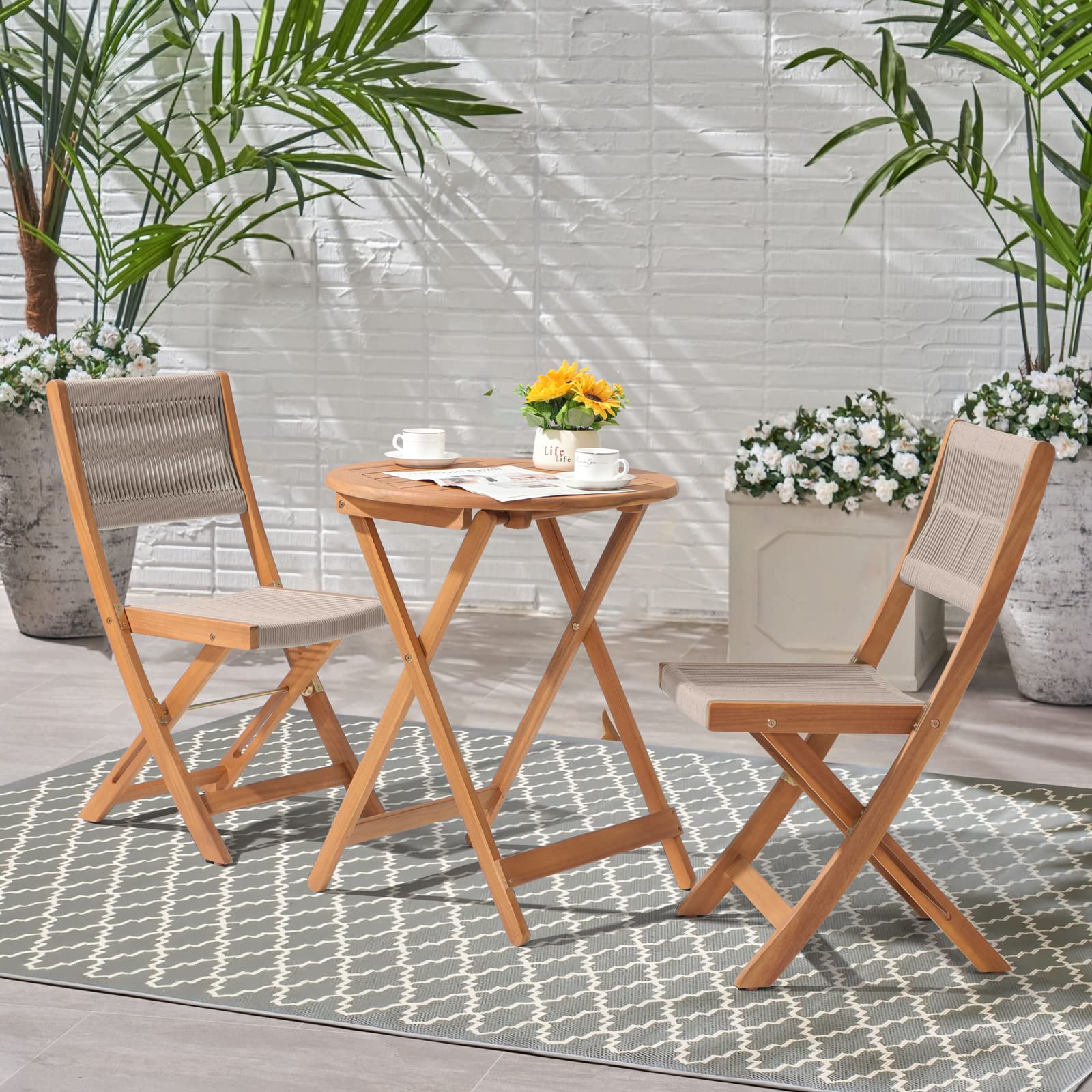 OC Orange-Casual 3 Piece Acacia Patio Bistro Set, Outdoor Compact Wood Table and Chairs Set of 2 for Apartment Balcony Front Porch Deck Yard, Beige
