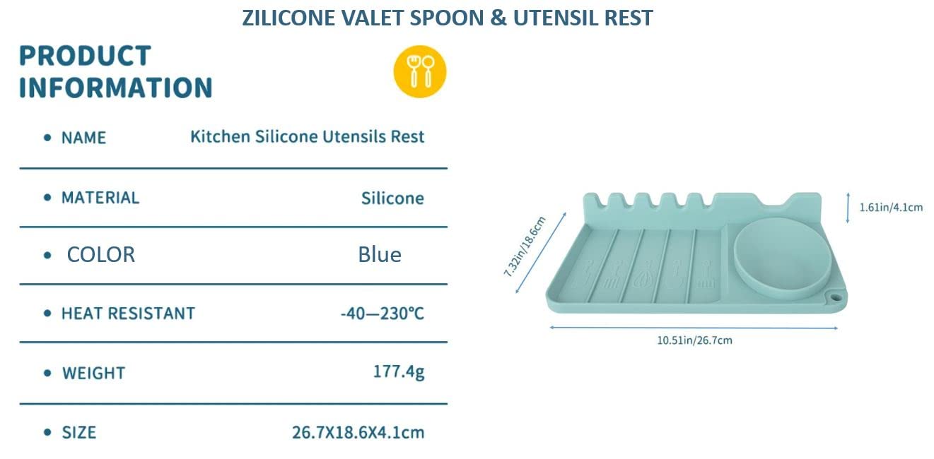 Zilicone Valet Silicone Spoon Rest with Drip Pad - 5 Slotted Spoon Rest for Kitchen Utensils, Tongs, Ladles - Heat Resistant Spoon Holder for Stove Top, Countertops, & Tables (Blue, 1)