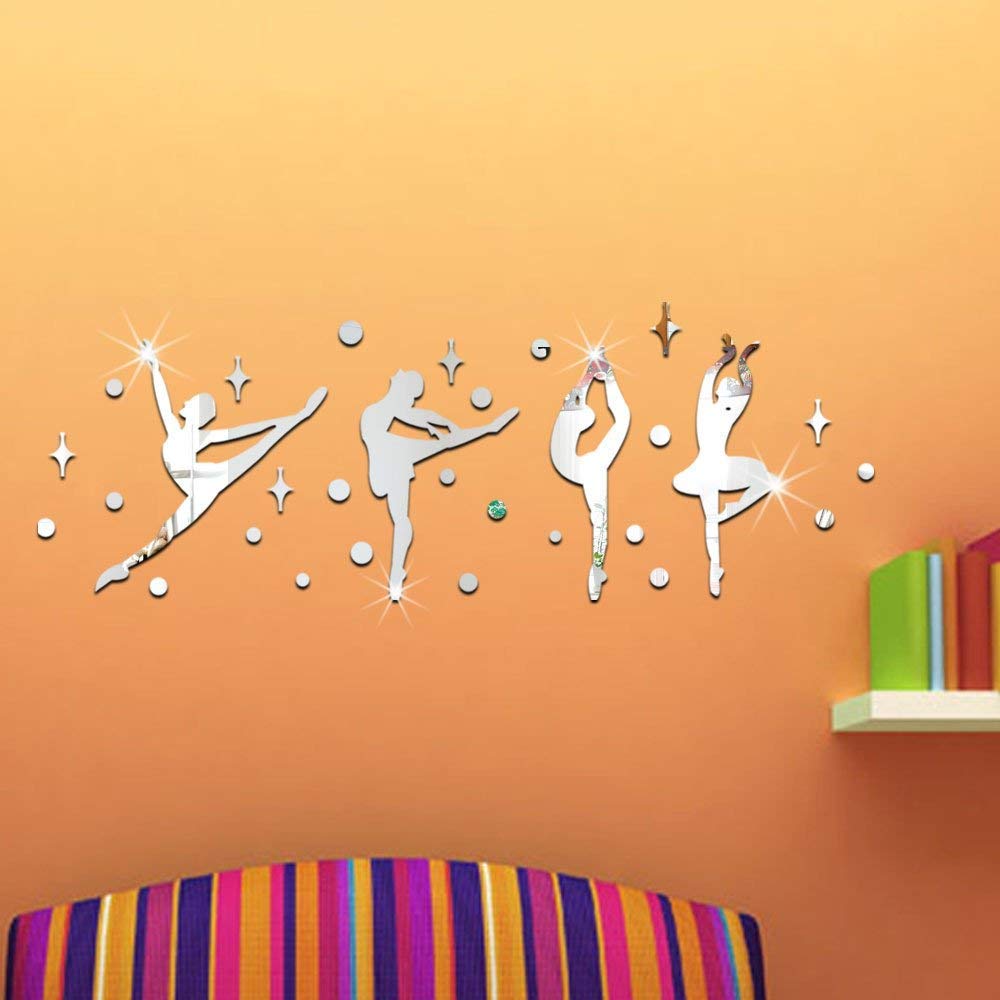 QISHENG Ballet Girl Mirror Dance Classroom Baby Girl's Room Bedroom Wall Stickers 39.4x14.2" (Silver)