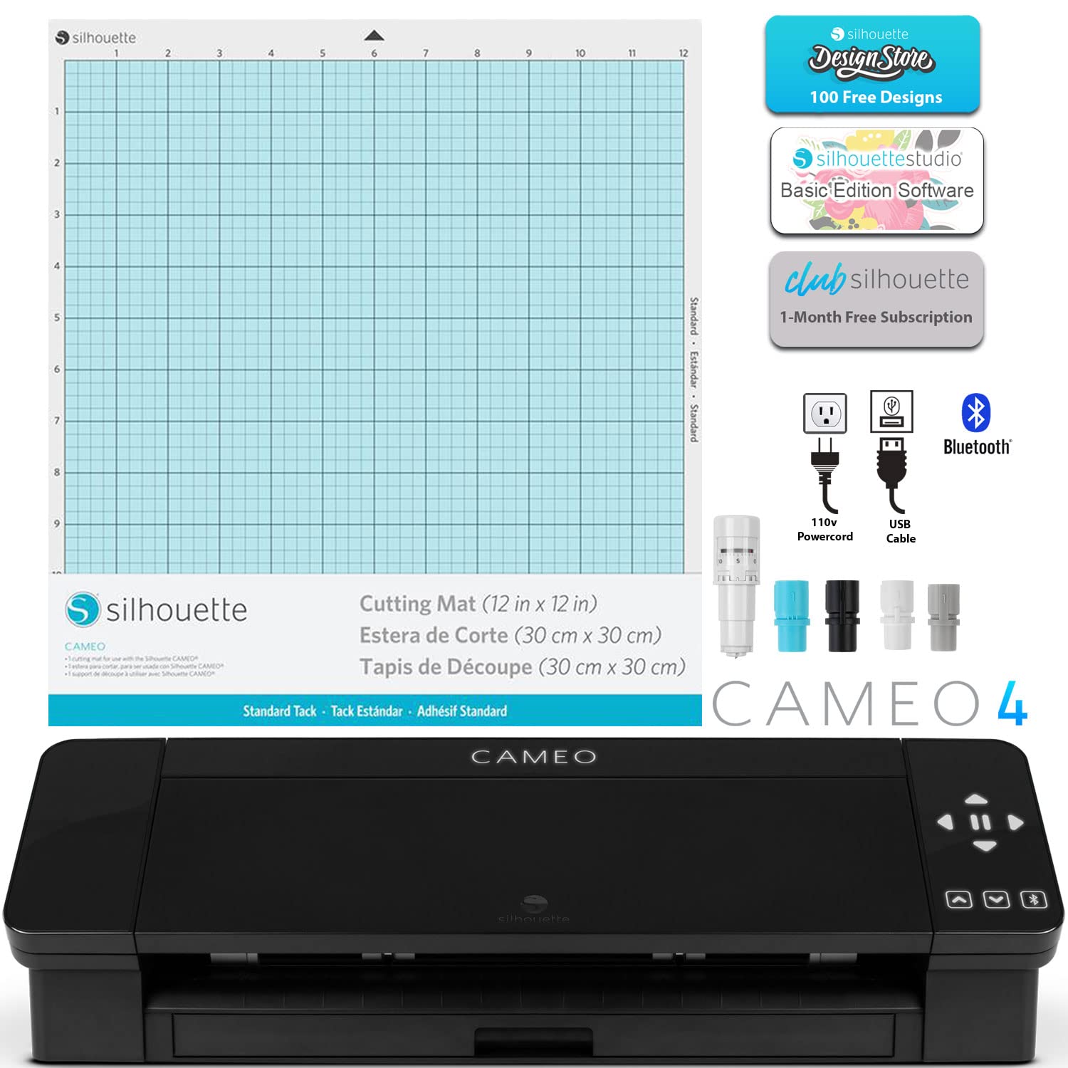 Silhouette Cameo 4 Vinyl Bundle 10 Sheets of Vinyl, Hook, Scraper, Transfer Tape, 20 Designs, AutoBlade, PixScan, 12β Cutting mat, Silhouette Handbook - Black Edition