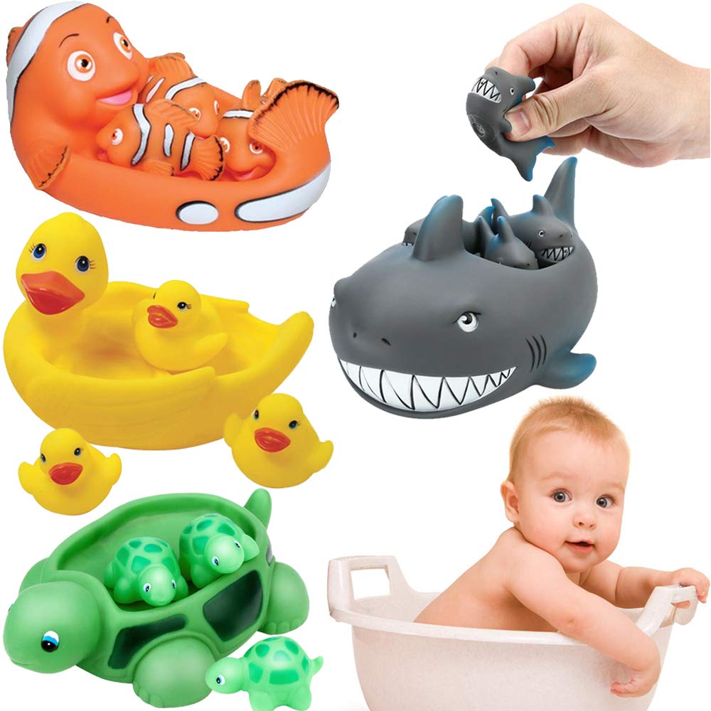 Ocean Animals Rubber Cute Family Bathtub Pals Floating Duck Shark Clownfish Turtle Bath Toys Value Pack (Set of 4)