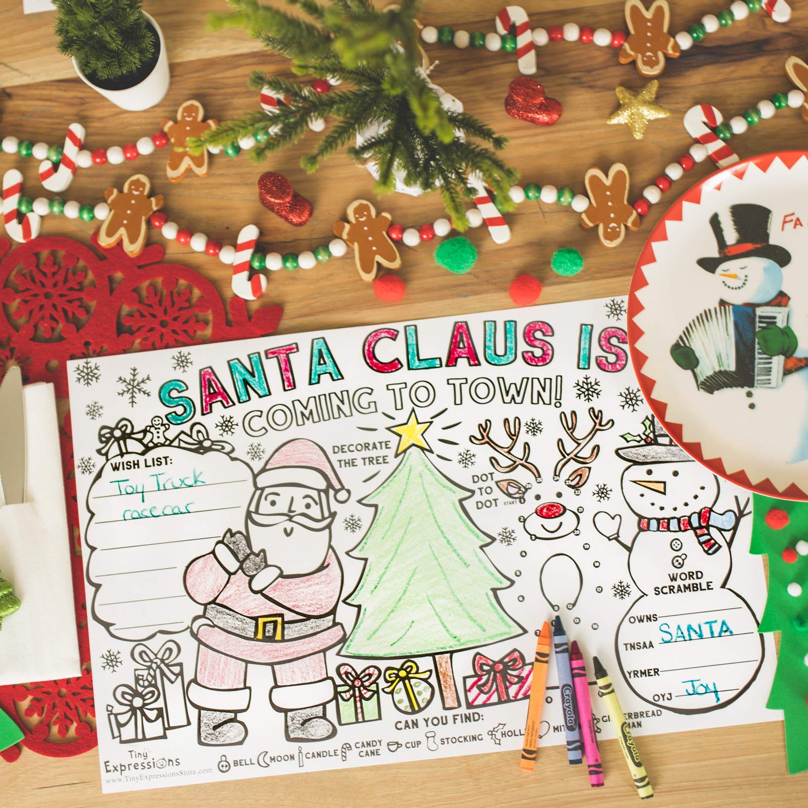 Tiny Expressions β Christmas Santa Placemats for Kids (Pack of 12 Holiday Placemats) | Coloring Activity Paper Mats for Kids Table | Disposable Bulk Bundle Set