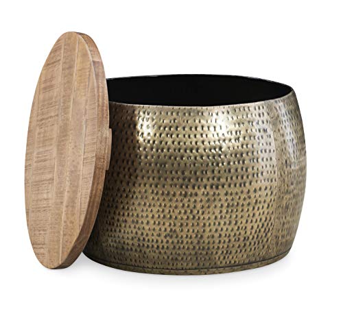 Powell Hammered Gold Drum with Natural Wood Lift Top for Storage Janice Table