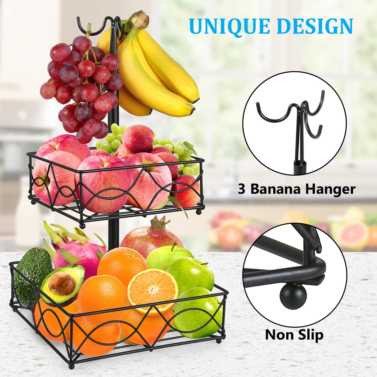 WRYISSE Flower Lattice 2 Tier Countertop Fruit Basket Bowl with 3 Banana Hanger Rectangular Metal Fruit Storage Basket Stand for Vegetable Eggs Snacks (Black, Flower Design)