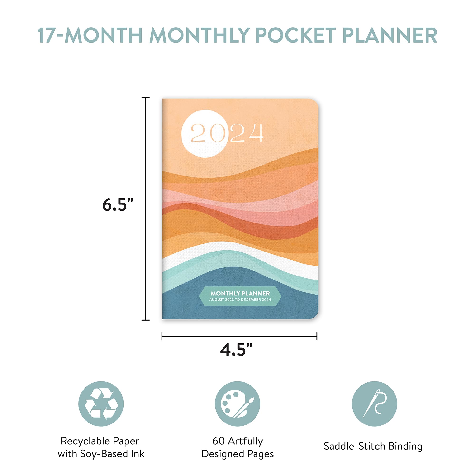 Orange Circle Studio Planner 2024, Weekly & Monthly Calendar, To Do List Notepad, Appointment Book, Budget & Goal Tracker, Small Pocket 17-Month Agenda for School/Work, Rainbow Waves
