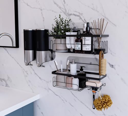 Shower Caddy Bathroom Organizer with Wall Mounted Bathroom Shower Pump Dispenser, Rustproof Stainless Steel Bathroom Shower Shelf, Shampoo and Soap Dispensers for Kitchen Bathroom Hotel, Black