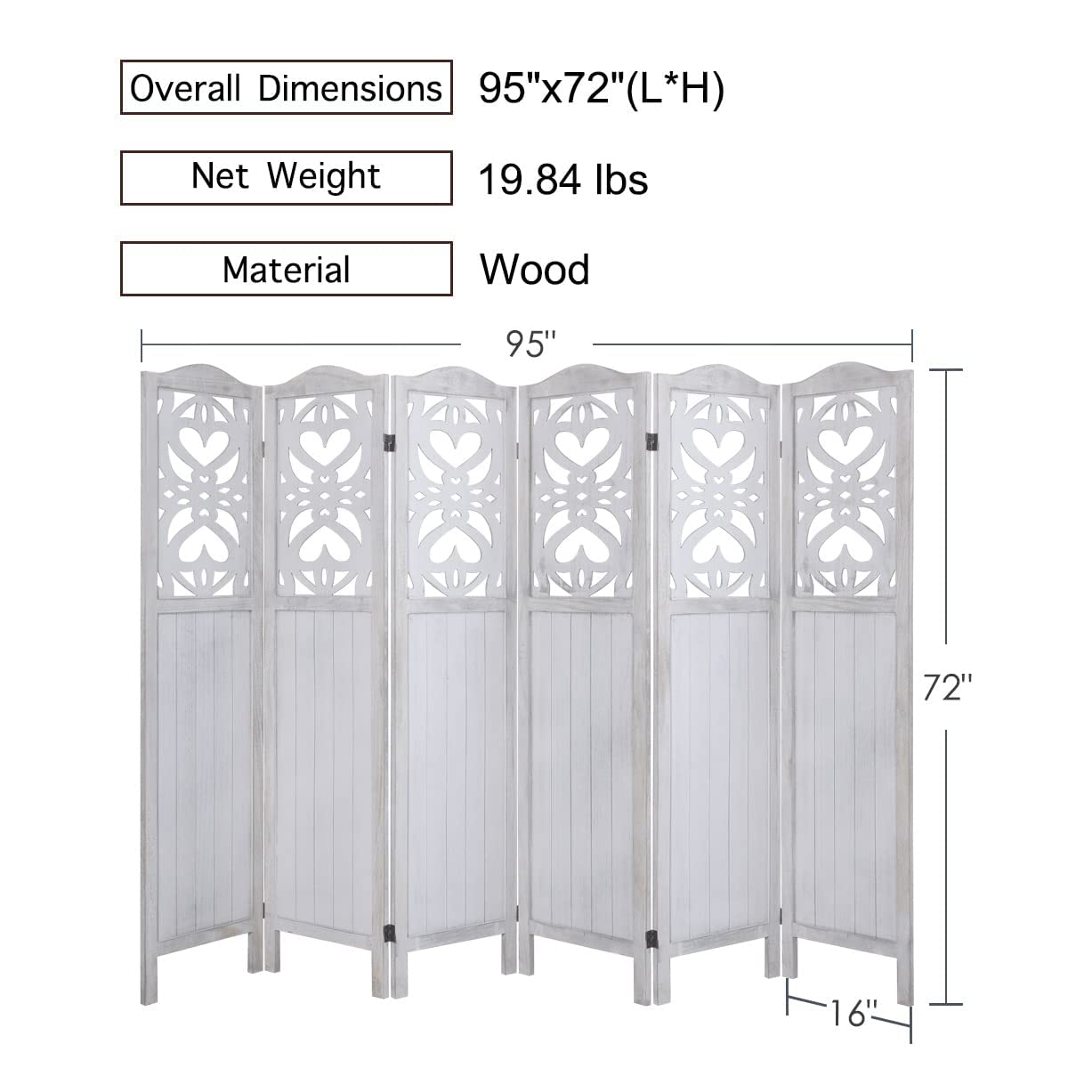 Rose Home Fashion RHF 5.6 ft. Tall- Cutout Room Divider,Double Hinged, Folding Room Dividers,Panel Screen, Room Dividers and Folding Privacy Screens, Free Standing,(6 Panel,White)