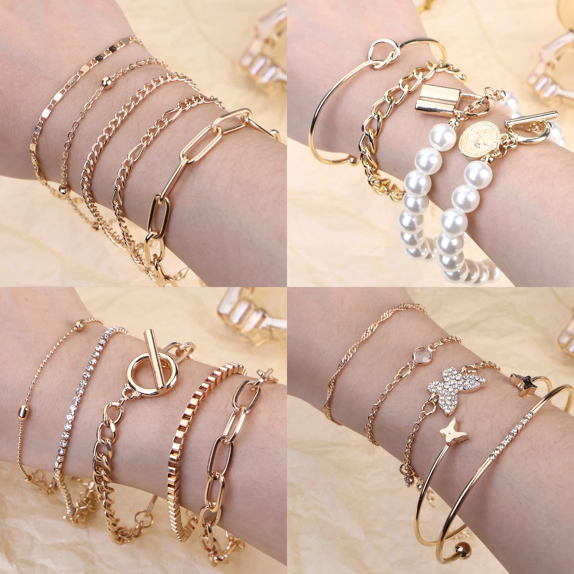YADOCA 27Pcs Gold Stackable Chain Bracelets Set For Women 14K Gold Plated Boho Dainty Multiple Layered Stackable Open Cuff Wrap Bangle Adjustable Trendy Paperclip Link Italian Cuban Jewelry For Women