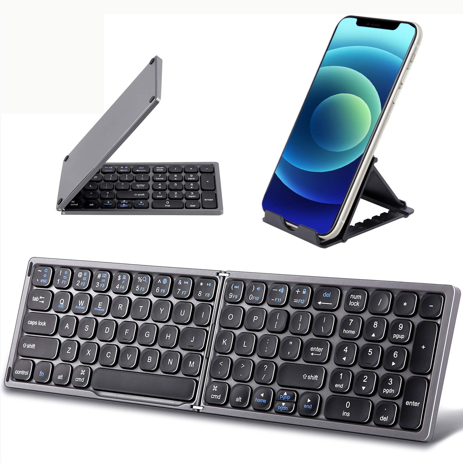 Samsers Foldable Bluetooth Keyboard with Numeric Keypad Full Size Portable Wireless Keyboard with Holder, Rechargeable Pocket Folding Keyboard for iOS Windows Android Phone Tablet Laptop - Dark Grey