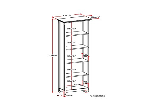 SIMPLIHOME Amherst SOLID WOOD 30 Inch Transitional 5 Shelf Bookcase in Light Golden Brown, For the Living Room, Study Room and Office