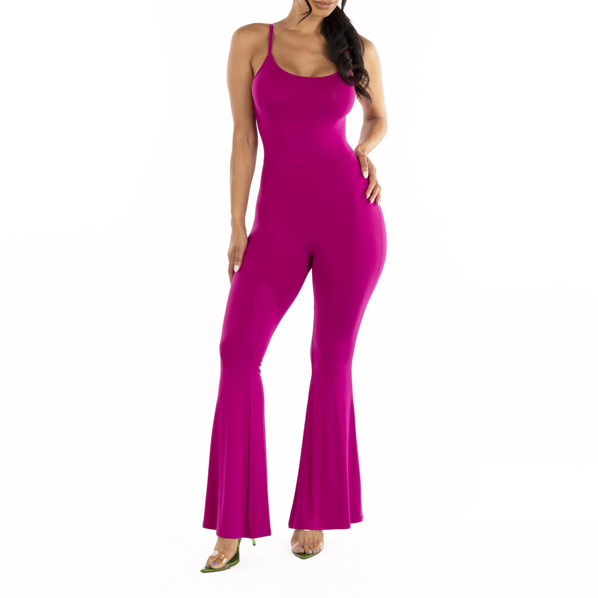 OFENTI Sleeveless Flared Leg Bodycon Jumpsuit with Adjustable Strap - Full Length Unitard Bell Bottom One Piece Jumpsuit Magenta X-Small