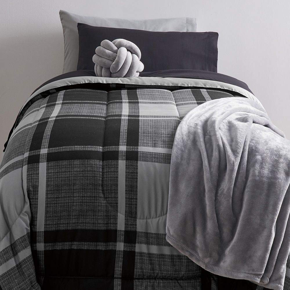 OCM College Dorm Room 23-Piece Preferred Dorm Essentials Value Pack | Twin XL | Comforter, Sheets, Pad, Topper, Towels, Organization, Storage | Wonderland Gray | Oversized Plaid in Black & Gray