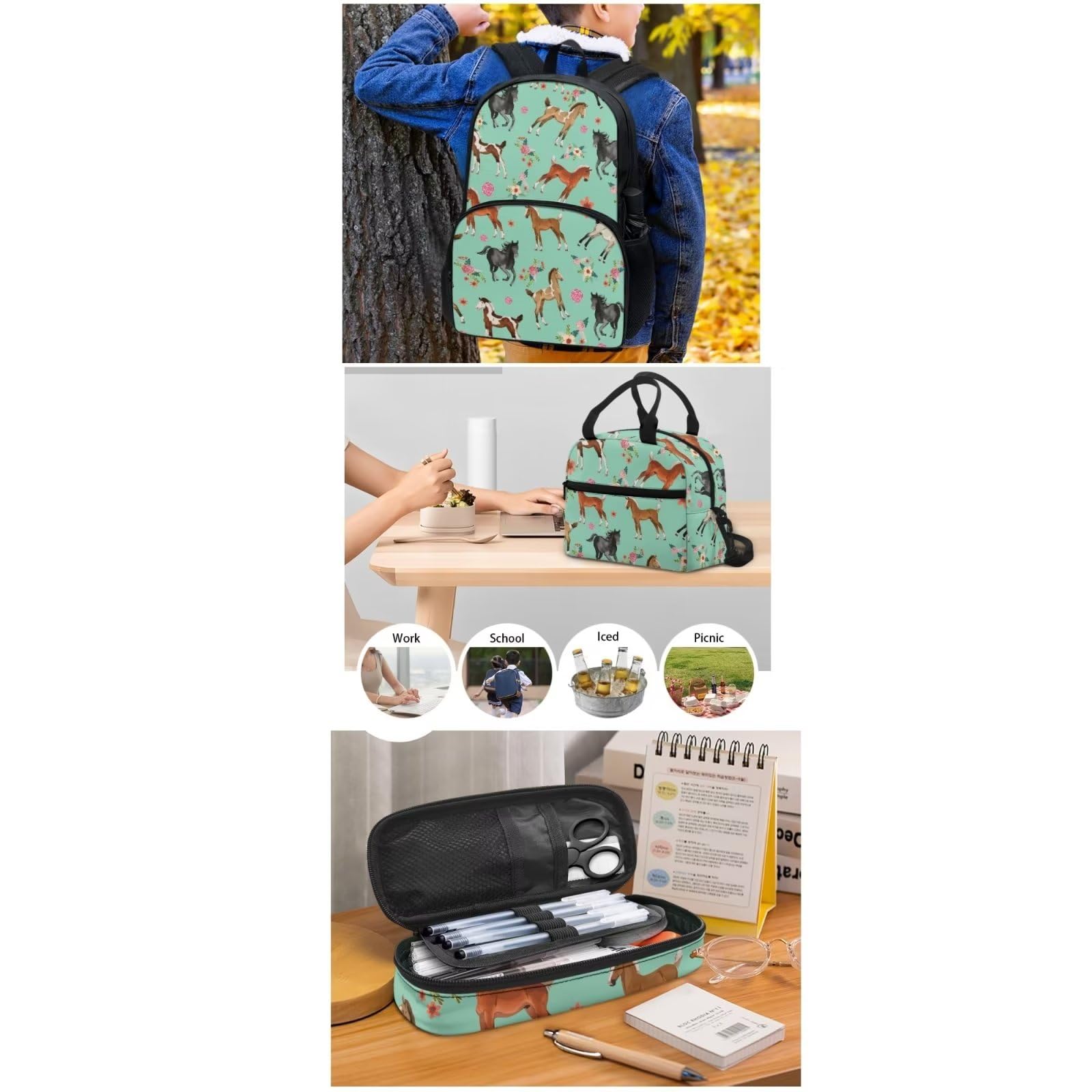 Parprinty Cute Girls Backpack with Lunch Box Pencil Case Multi Pockets Large Green Floral Horse School Backpack and Lunch Bag Set for Girls Student Lightweight Basic Comfy Book Bag 17 Inch