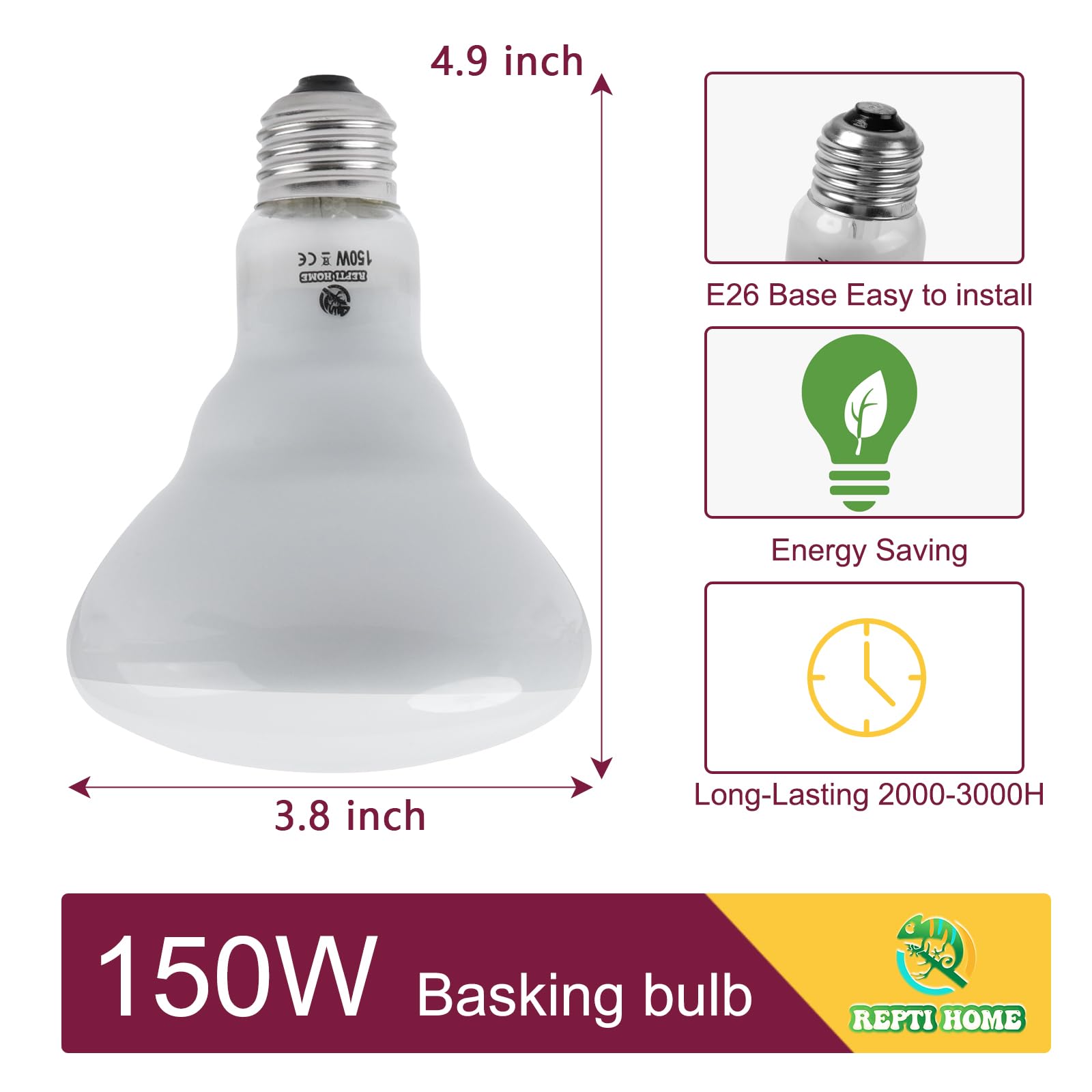 REPTI HOME Reptile Heat Lamp-150W Heat Lamp Bulbs for Reptiles, UVA Daily Heat Lamp, Reptile Basking Bulb for Bearded Dragon, Lizard, Turtle, Snake, Gecko (1Pack)