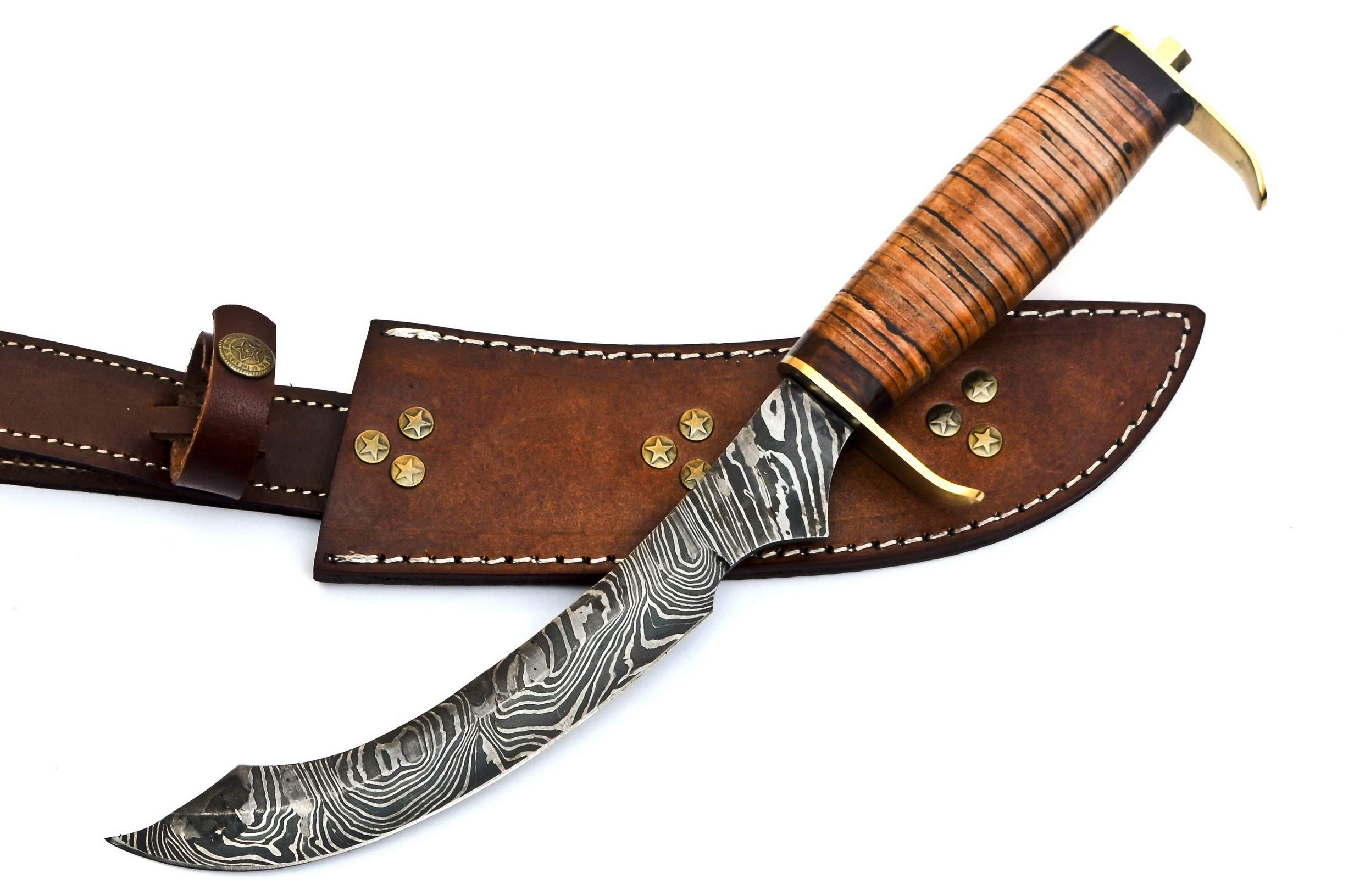 Skokie Knives Custom Hand Made Damascus Steel Hunting Knife Handle Stacked Leather With Double Brass Double Clip