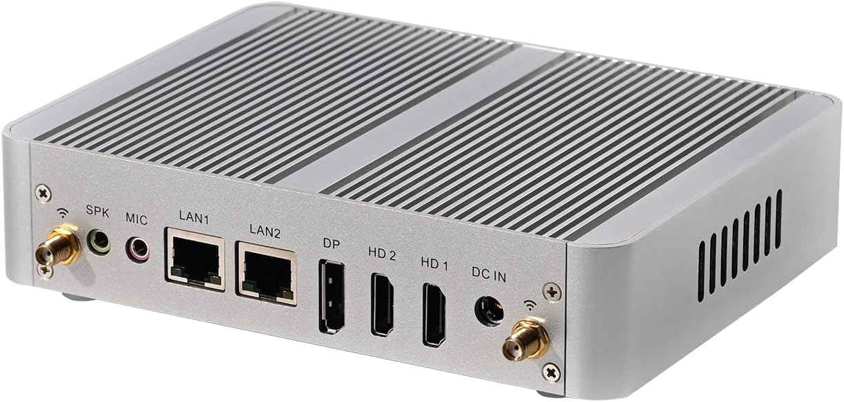 PARTAKER Fanless Mini PC, Desktop Computer, Kodi Box, HTPC, Intel N100, Windows 11 Pro or Linux Ubuntu, B15, 8 x USB, 2 x LAN, 1 x DP, 2 x HDMI, 8G RAM 128G SSD