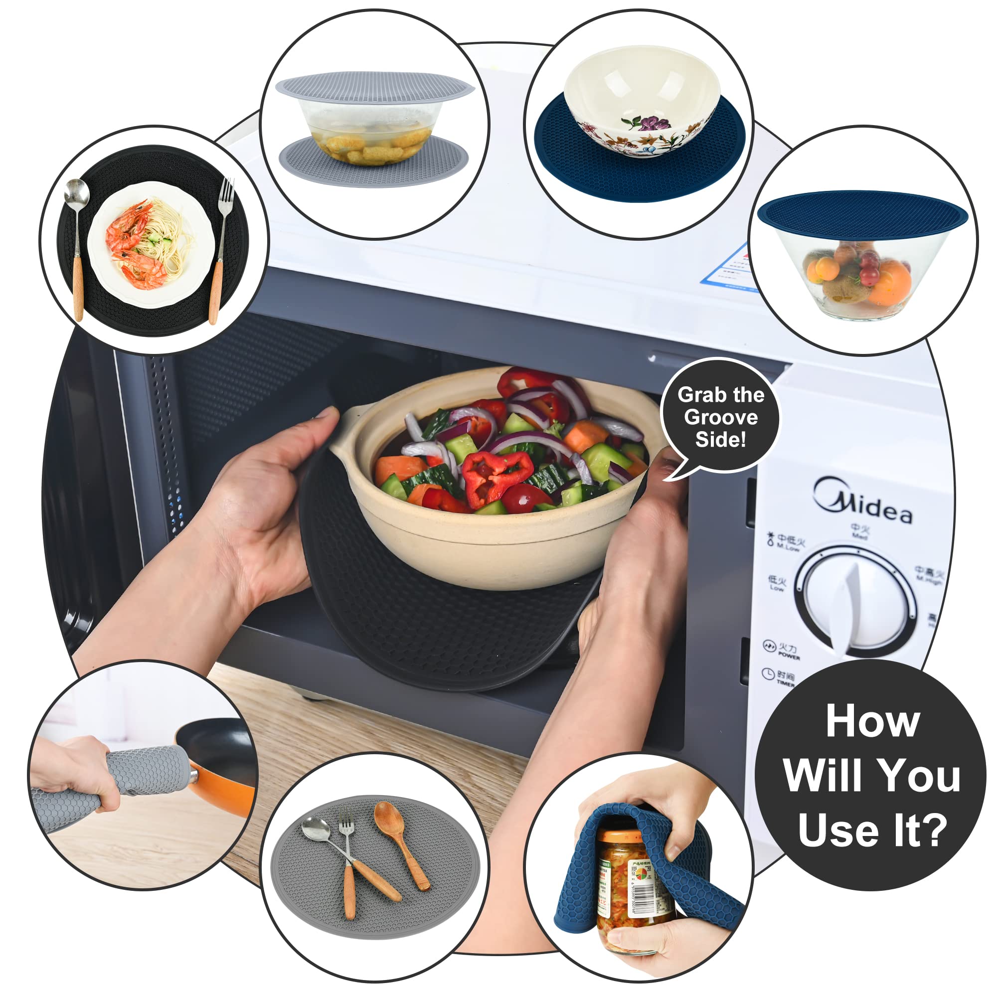 Viwehots Silicone Trivet Mat -Pot Holders-Large Round Trivets for Hot Dishes-Pots & Pans, Dia11.81 Microwave Use Plate Cover Mat, Multifunction Counter Silicone Mats, Durable Kitchen Drying Mat Blue