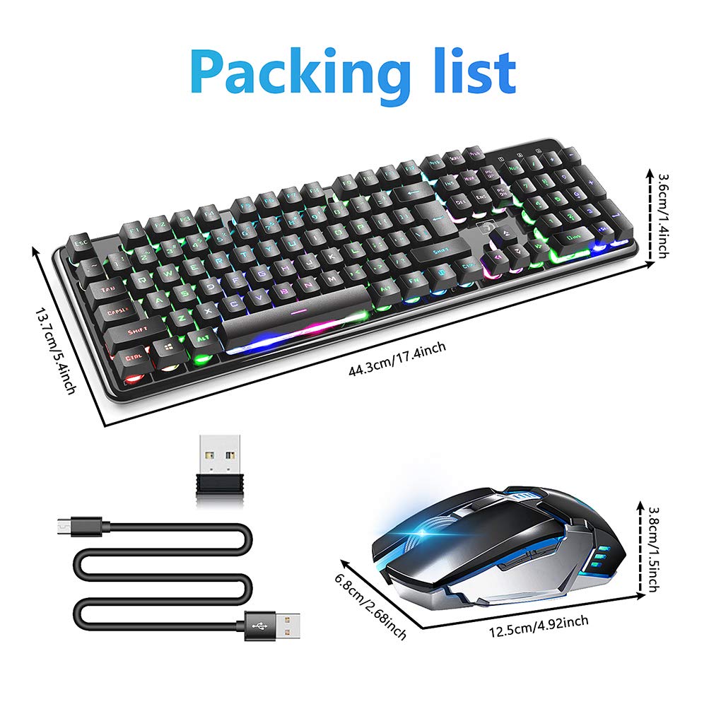 Rechargeable Keyboard and Mouse,Suspended Keycap Mechanical Feel Backlit Gaming Keyboard Mice Combo,Wireless 2.4G Drive Free,Adjustable Breathing Lamp,Anti-ghosting,4800 mAh Battery for Laptop Pc Mac