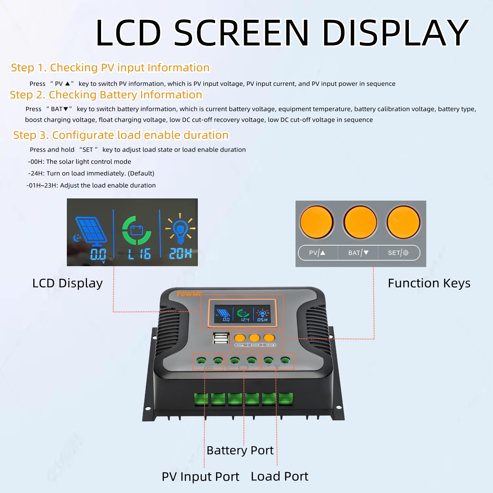 Powmr 60A PWM Solar Charge Controller 12V 24V 36V 48V with Backlit Display, Dual USB Port, Max PV 100VDC,Battery Intelligent Regulator for Solar Panels Compatible with LFP, AGM, SLD, FLA