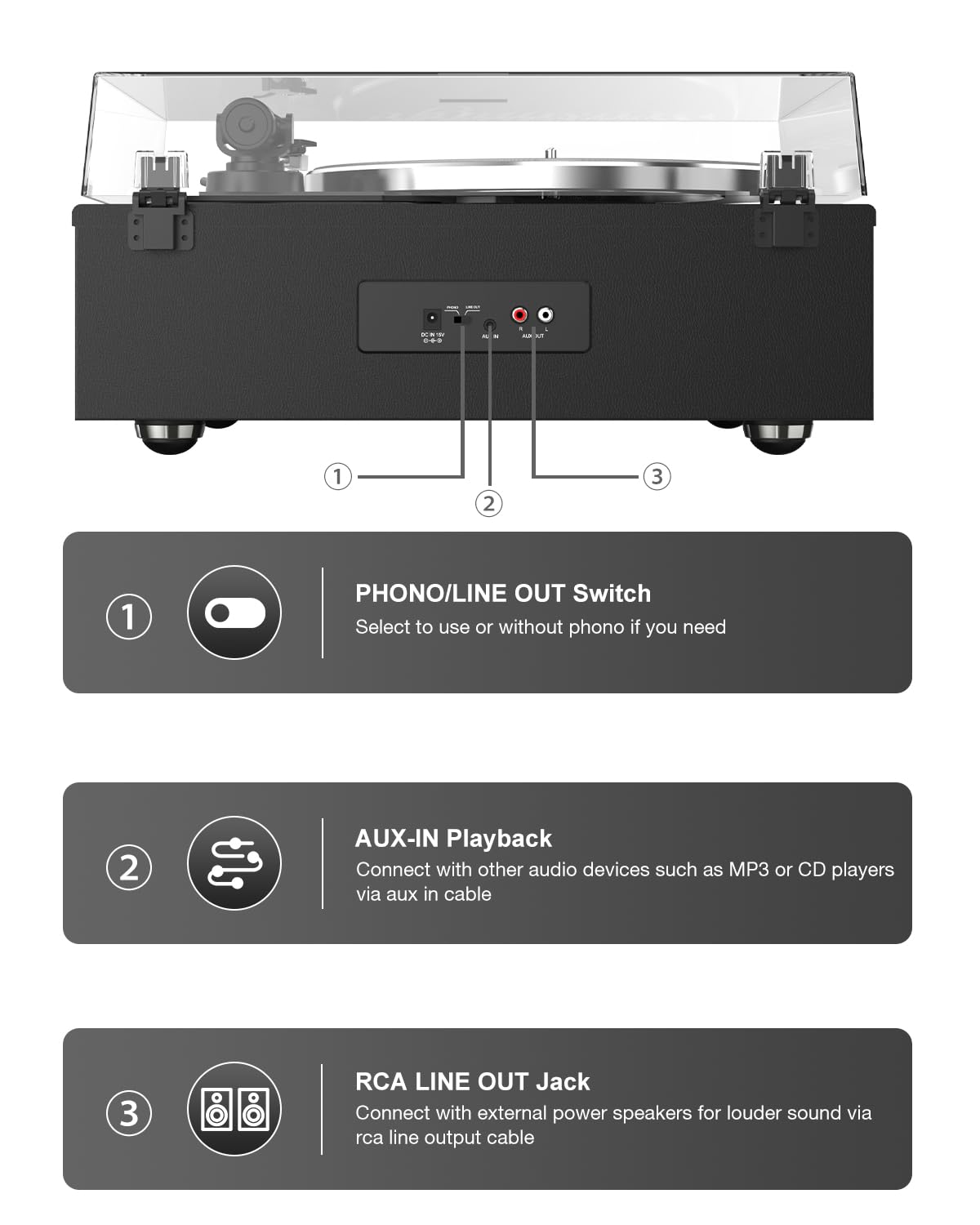 Record Player High Fidelity Turntable for Vinyl Records Built-in 4 Stereo Speakers All-in-One Vinyl Player Belt Drive Turn table with MM Cartridge ATN-3600L Stylus 33 45 Speed Bluetooth Classic Black