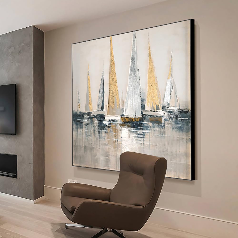 Oil Painting Hand Painted Gold Foil Sailboat On Canvas Painting Modern Decorative Paintings for Living Room,31inx31in,No Frame