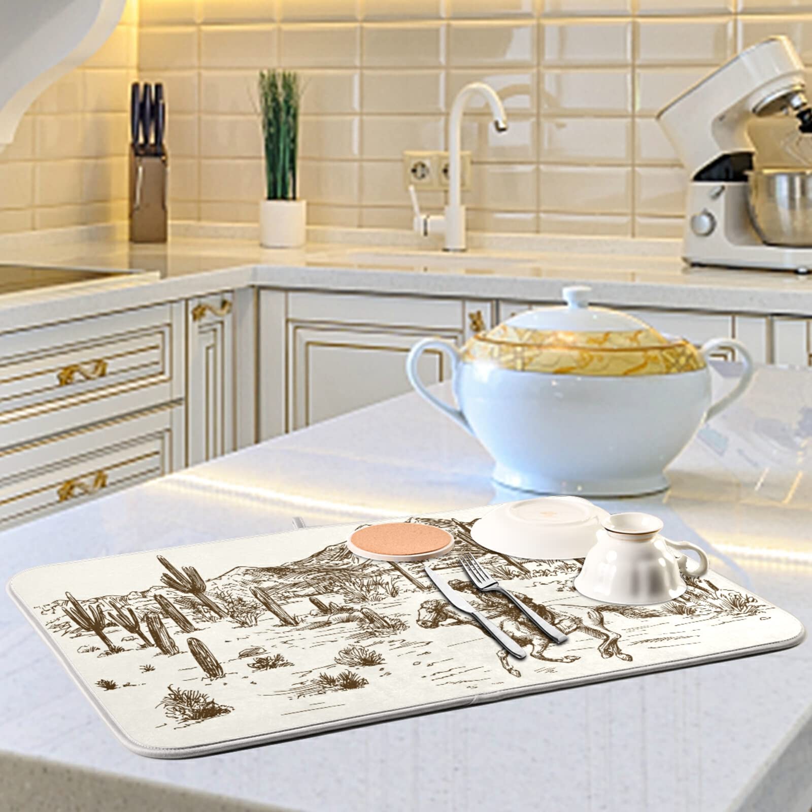xigua Dish Drying Mat Western Desert Cowboy Absorbent Dry Mats for Dishes Draining Pad for Kitchen Countertop 16" x 18"