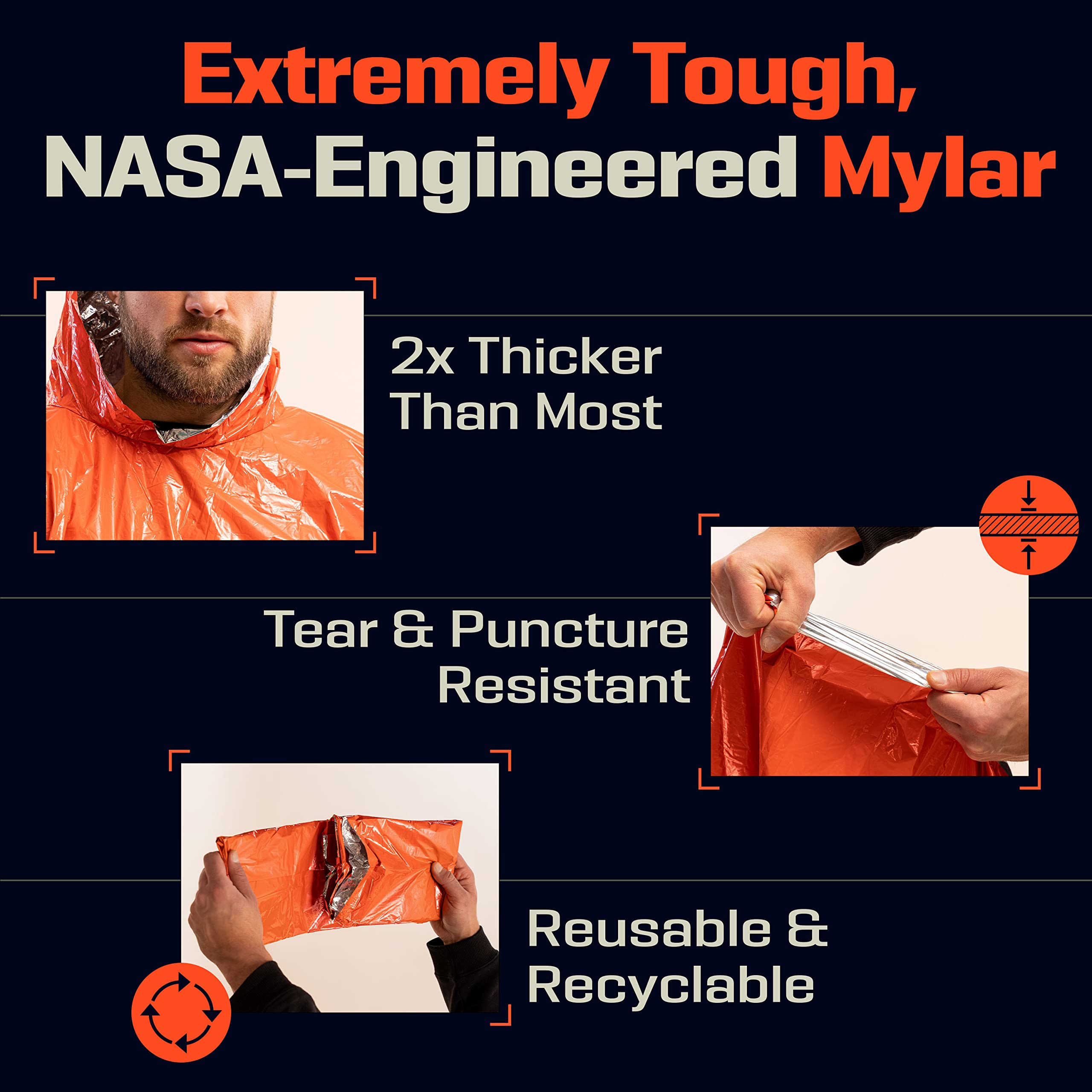 PREPARED4X Emergency Rain Poncho with Mylar Survival Blanket Liner for Car - Heavy Duty, Waterproof Camping Gear, Tactical Prepper Suppliesā 4 Pack (Orange)