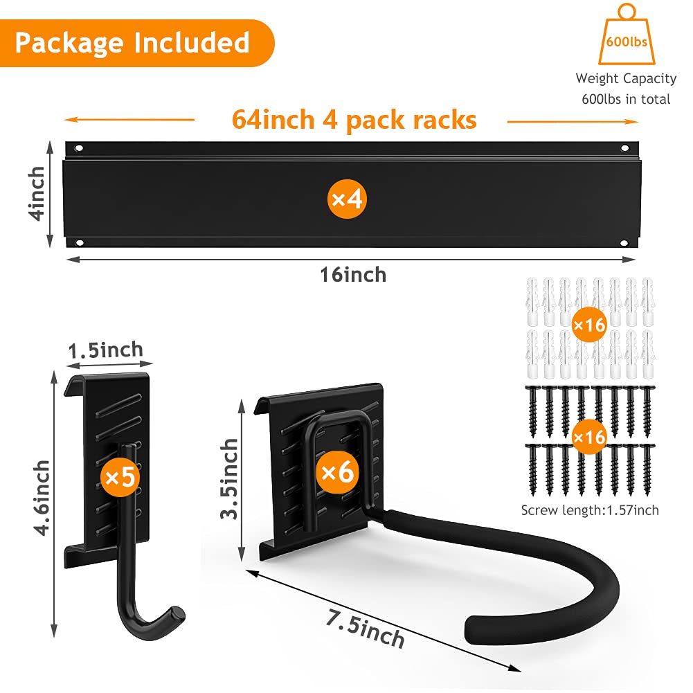 TORACK Bike Storage Rack, 6 Bike Racks & 5 Hooks for Garage, Wall Mount Vertical Bicycles Hanger for Home Space Saving, up to 600lbs, 64-inch