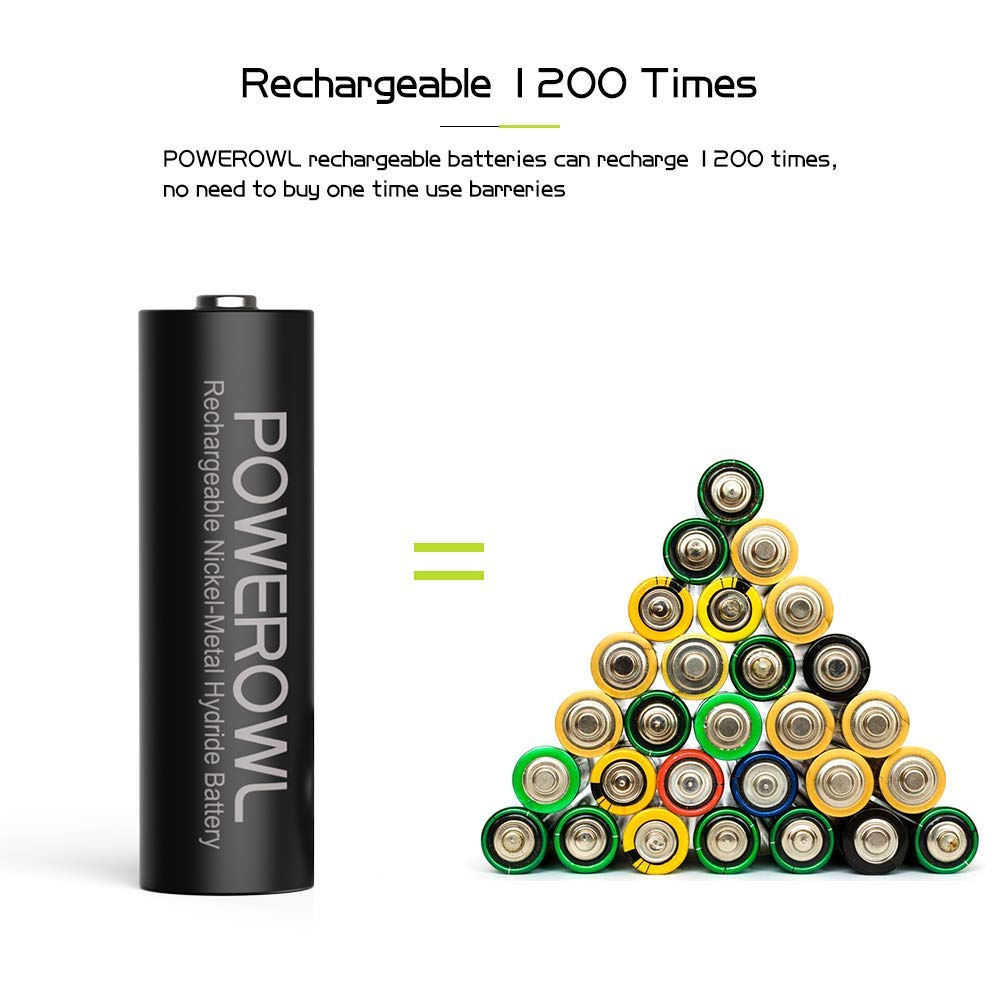 POWEROWL Solar Rechargeable AA Batteries 2800mAh, Wide Temperature Range Battery, Excellent Performance for Solar Garden Lights, Battery String Lights, Outdoor Devices - Recharge Universal (12 Count)