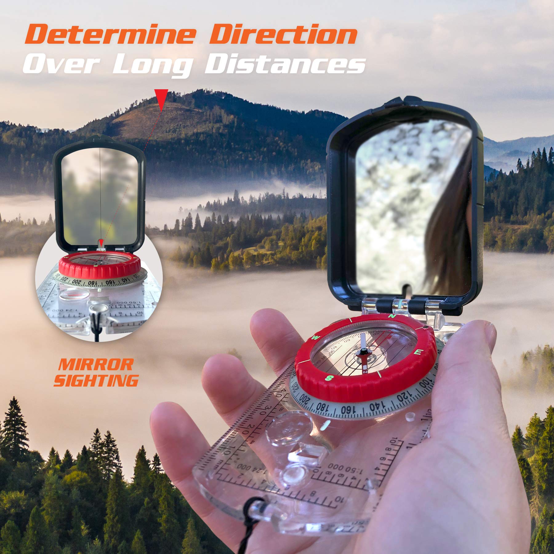 PREPARED4X Hiking Compass Survival β Mirror Sighting Map Orienteering Compass β with 35-Ft 550 Survival Paracord Lanyard, Fire Starter, Whistle, Fishing Line, Tinder Cord