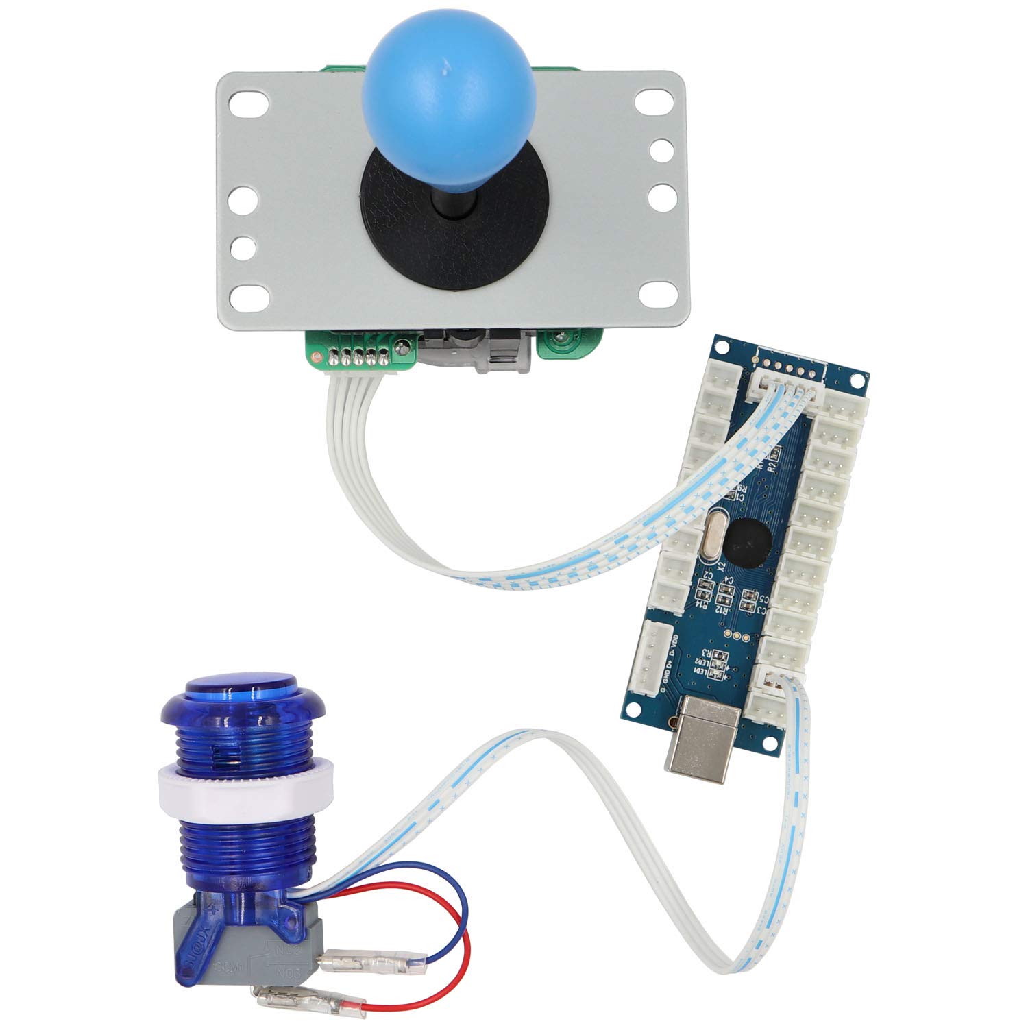 SJ@JX 2 Player Arcade Game Stick DIY Kit Buttons with Logo LED 8 Way Joystick USB Encoder Cable Controller for PC MAME Raspberry Pi Red Blue