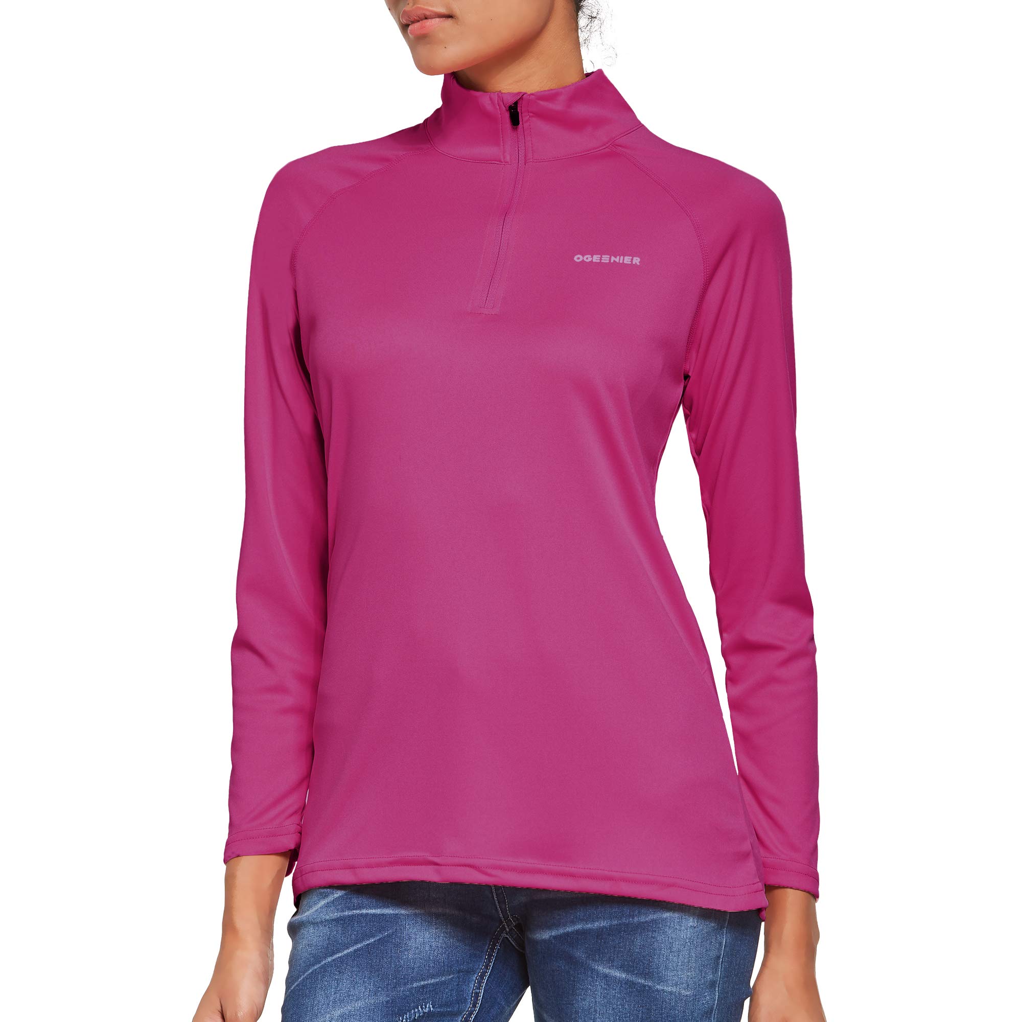 OGEENIER Women's 1/4 Zip Pullover UPF 50+ Sun Protection Shirt Long Sleeve SPF Shirts Hiking Running Golf Shirts, Raspberry, XL