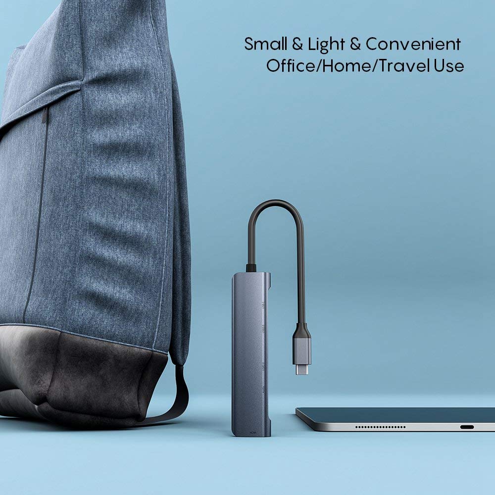 Slim Aluminum USB C Hub Adapter 5 in 1 with 4K HDMI, USB 3.0 Port, 3.5mm Headphone Jack, USB-C Data Charging Port Compatible for MacBook Pro, iPad Pro, Nintendo Switch and More