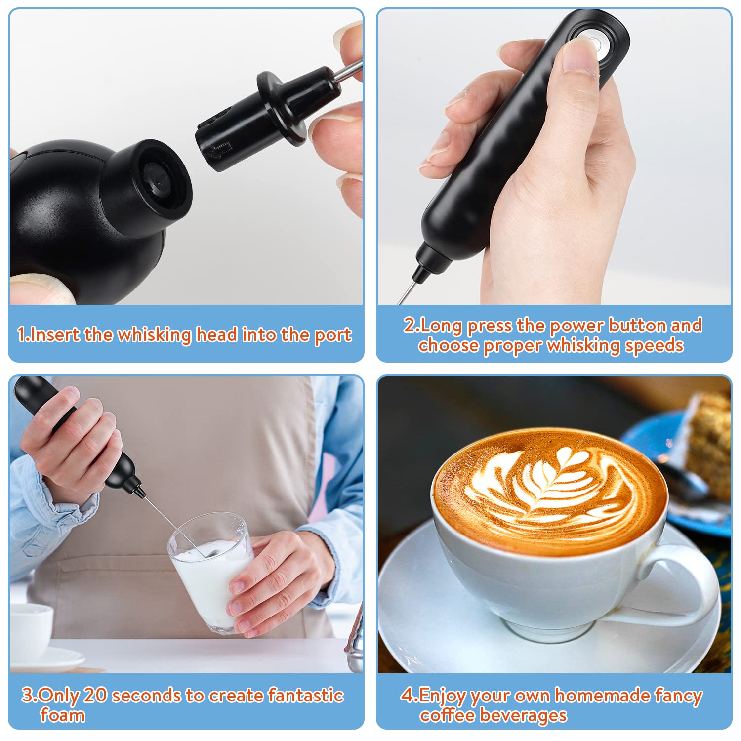 Milk Frother Handheld, USB Rechargeable Milk Frothers, Coffee Frother Electric, 3 Gear Adjustable Mini Foamer for Latte, Cappuccino, Hot Chocolate Black