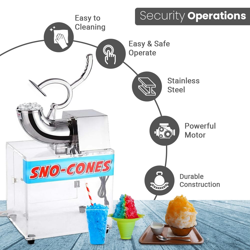 WYZworks Stainless Steel 440 lbs/hr Electric Ice Shaver Machine with Dual Blades 250W Ice Crusher Snow Cone Maker Machines w Acrylic Box for Home, Restaurants, Bars, Party