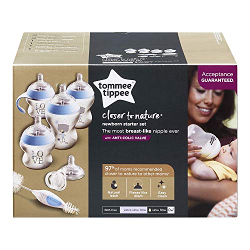 Tommee Tippee Closer to Nature Newborn Baby Bottle Starter Set | Breast-Like Nipple, Anti-Colic Valve - Blue, Boy