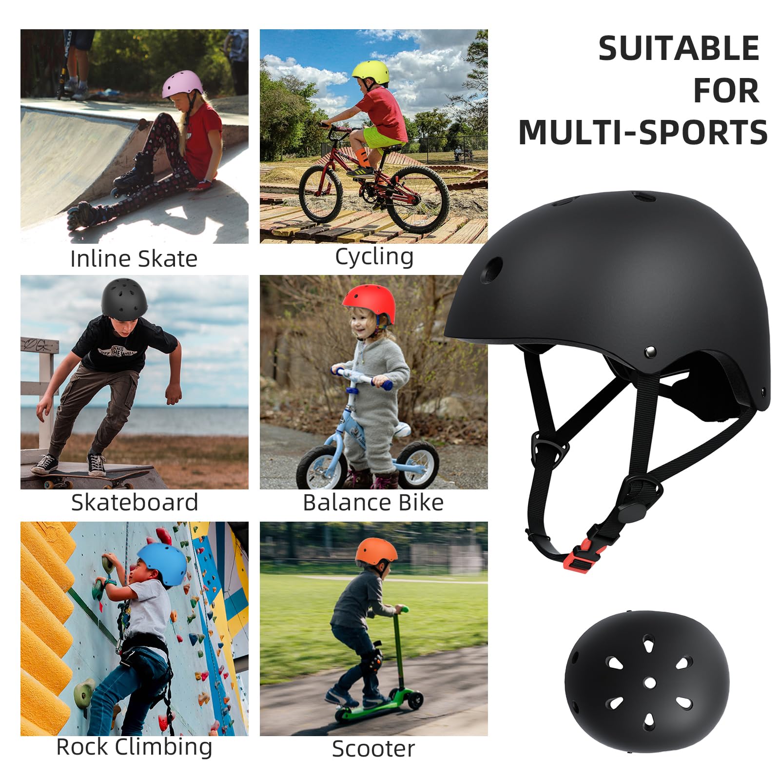 Skateboard Bike Helmet Kids Bike Helmet for Ages 8-14 Adjustable Lightweight Multi-Sport Helmets for Bicycle Skate Scooter (Black-Medium)
