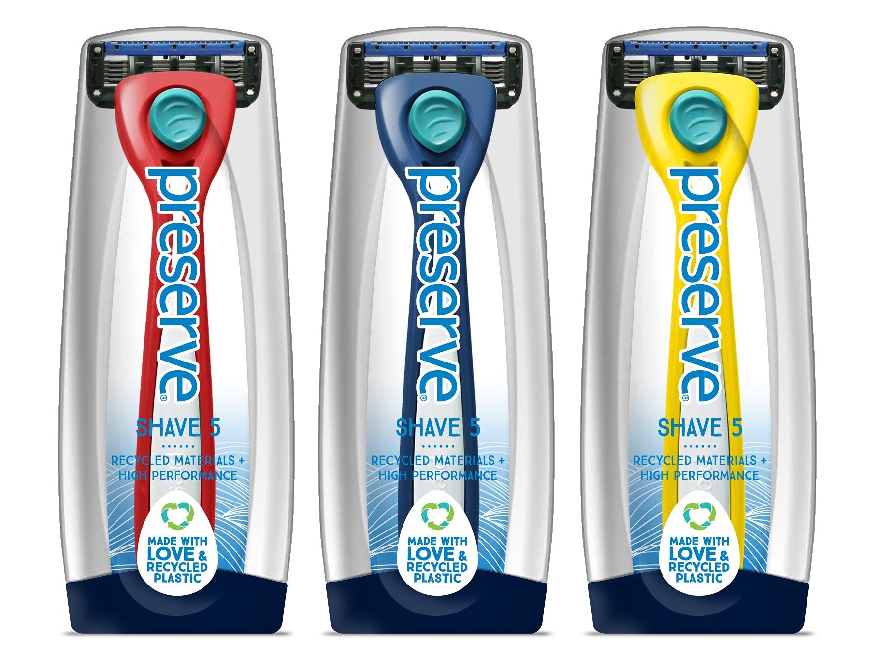 Preserve Shave 5 Five Blade Refillable Razor, Made from Recycled Materials, Assorted Colors: Red/Blue/Yellow (Color May Vary)