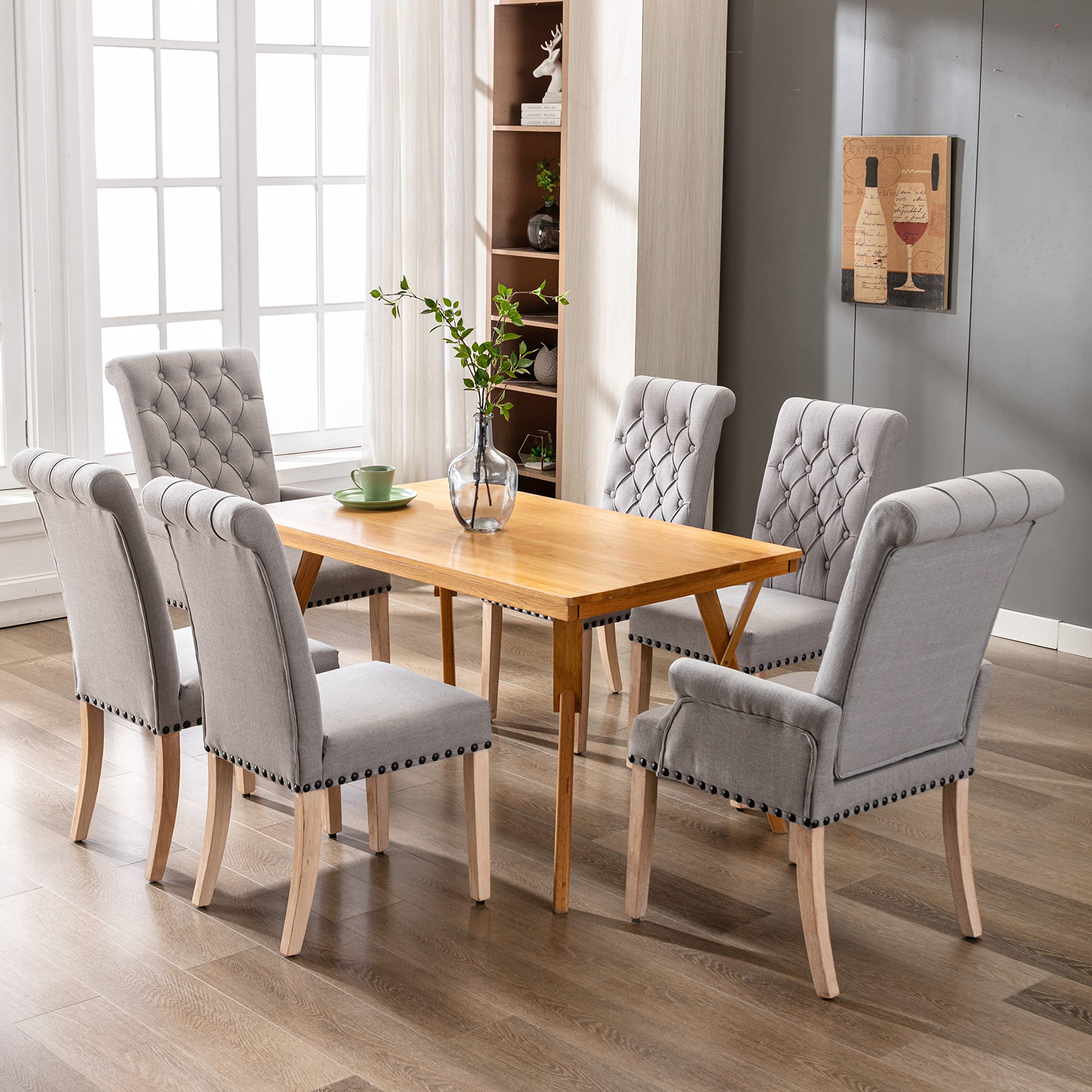 Restworld Fabric Dining Chairs Set of 2,Tufted Upholstered High Back Nailed Trim with Untique Oak Wood Legs for Kitchen Restaurant Room