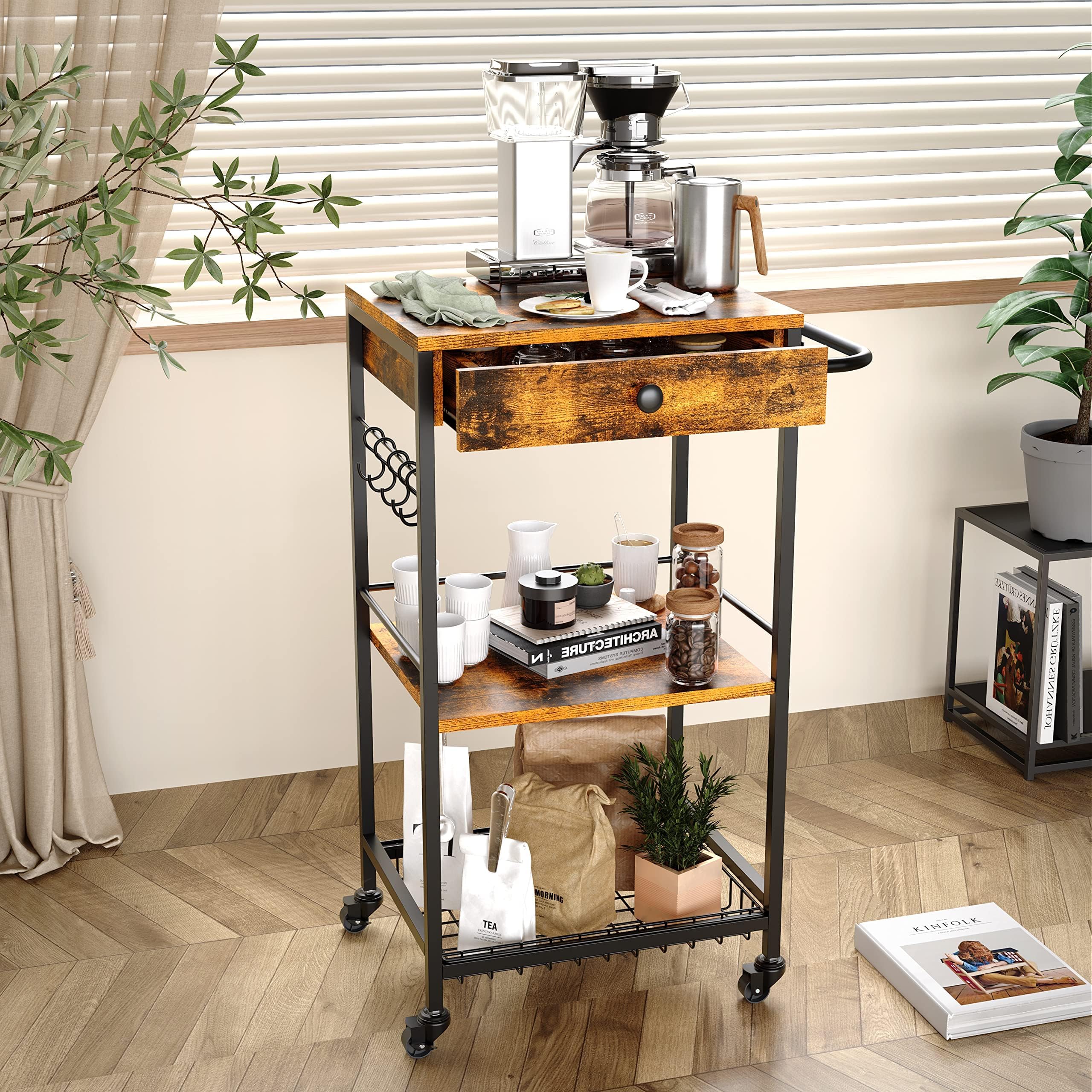 ODIKA Rustic Cabin Wooden Coffee Cart - Rolling Kitchen Island with Microwave Stand on Wheels, Spacious Storage Drawer - Perfect for Compact Homes & Small Apartments
