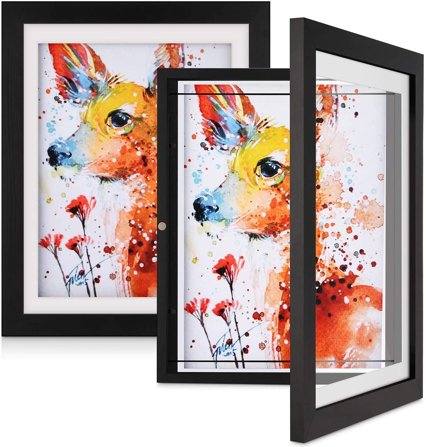 ONE WALL Kids Artwork Picture Frame Display 8.5x11 with Mat or 9.9x12.7 Without Mat, Black Wood Frame with Tempered Glass Front Opening for Kids Drawings, Artworks, Art Projects, Schoolwork, 2-Pack