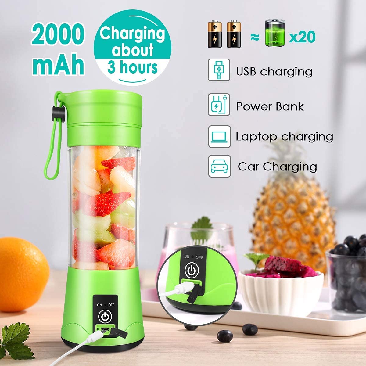 Vadaap Portable Blender, Personal Blender with USB Rechargeable Mini Fruit Juice Mixer, Personal Size Blender for Smoothies and Shakes Mini Juicer Cup Travel 380ML, Green, S