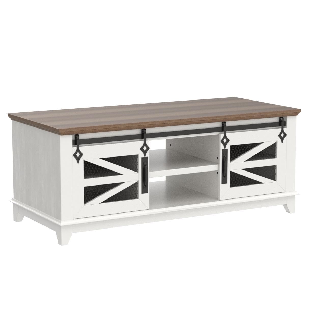 OKD 48'' Coffee Table with Storage & Sliding Barn Doors, Farmhouse & Industrial Cocktail Table w/Adjustable Shelves, Rectangular Rustic Living Room Table for Living Meeting Room, Reclaimed Barnwood