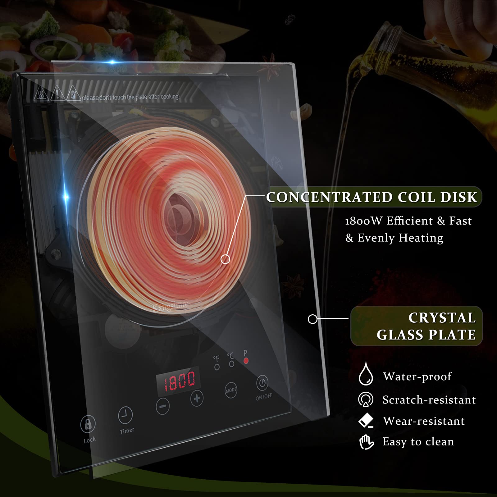 Portable Induction Cooktop, KXITGSIMRE 1800W Electric Induction Burner Cooktop with Child Safty Lock, 17 Power Levels 21 Temperature Setting, 3 Hours Timer