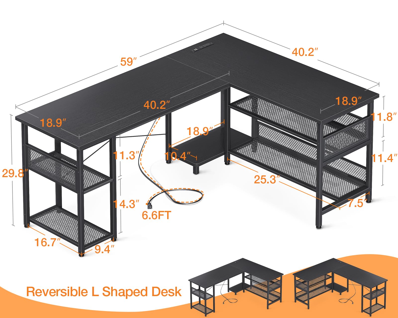ODK 59" L Shaped Desk with Power Outlet and USB Charging Ports, Reversible L Shaped Computer Desk with Storage Shelves, Home Office Desk, Gaming Desk, Corner Desk, Black