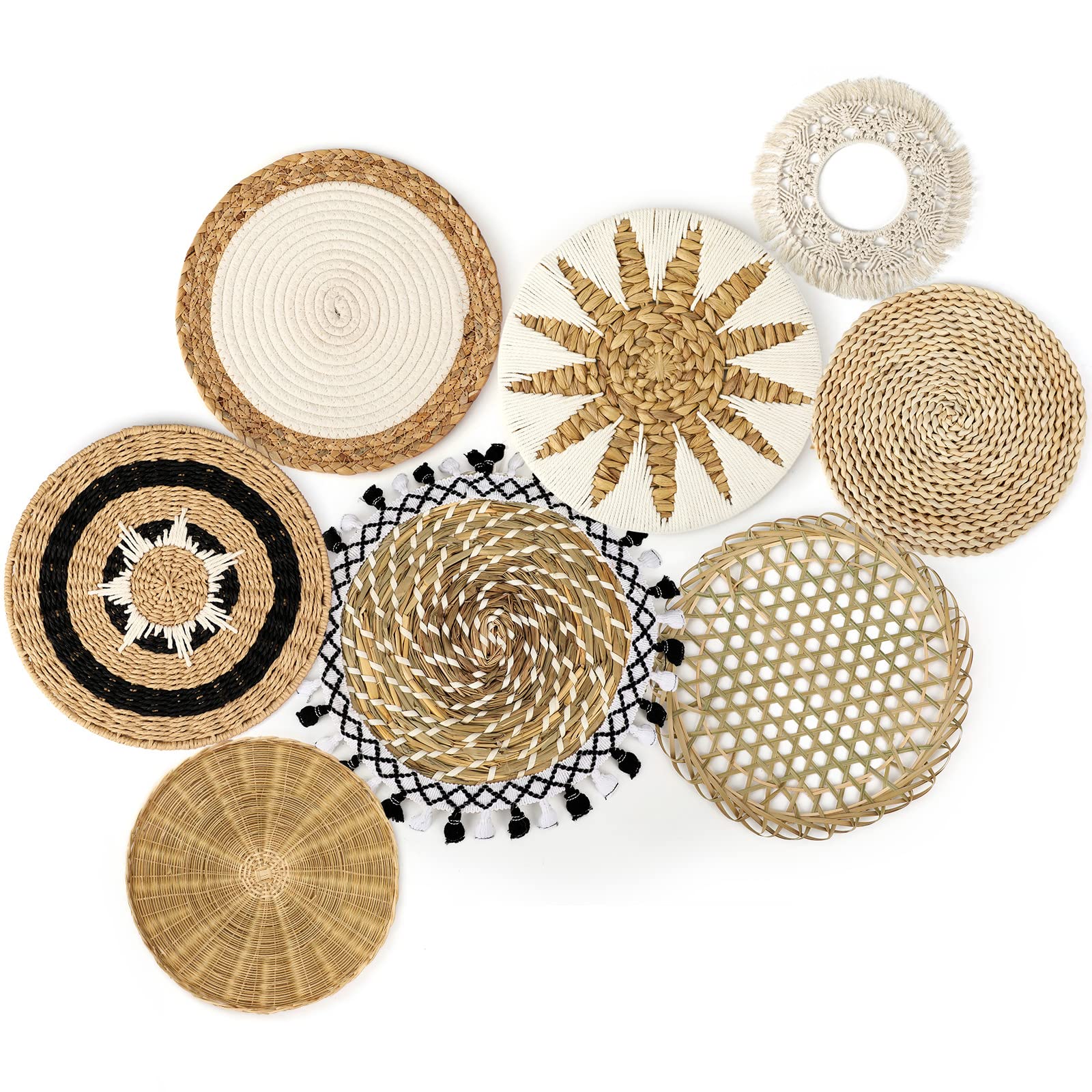 Set of 8 Wall Basket Decor Boho Wall Hanging Decor Rattan Wall Decor Flat Round Wicker Woven Macrame Tassels Tapestry Bamboo Wall Basket Serving Tray Art Handmade Set for Room Bedroom Living Room