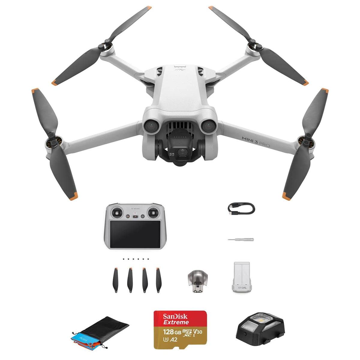 Mini 3 Pro Drone with RC Remote Controller, Bundle with 128GB UHS-I Memory Card, Anti-Collision Strobe Light, and 20" Foldable Landing Pad pro, Accessories Kit