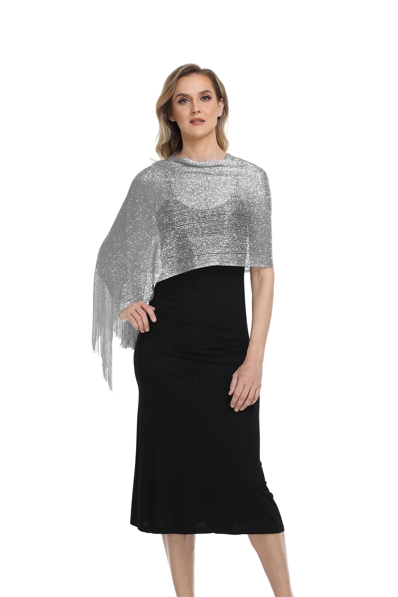 XFAK Sparkling Metallic Shawls and Wraps for Evening Wedding Party Silver