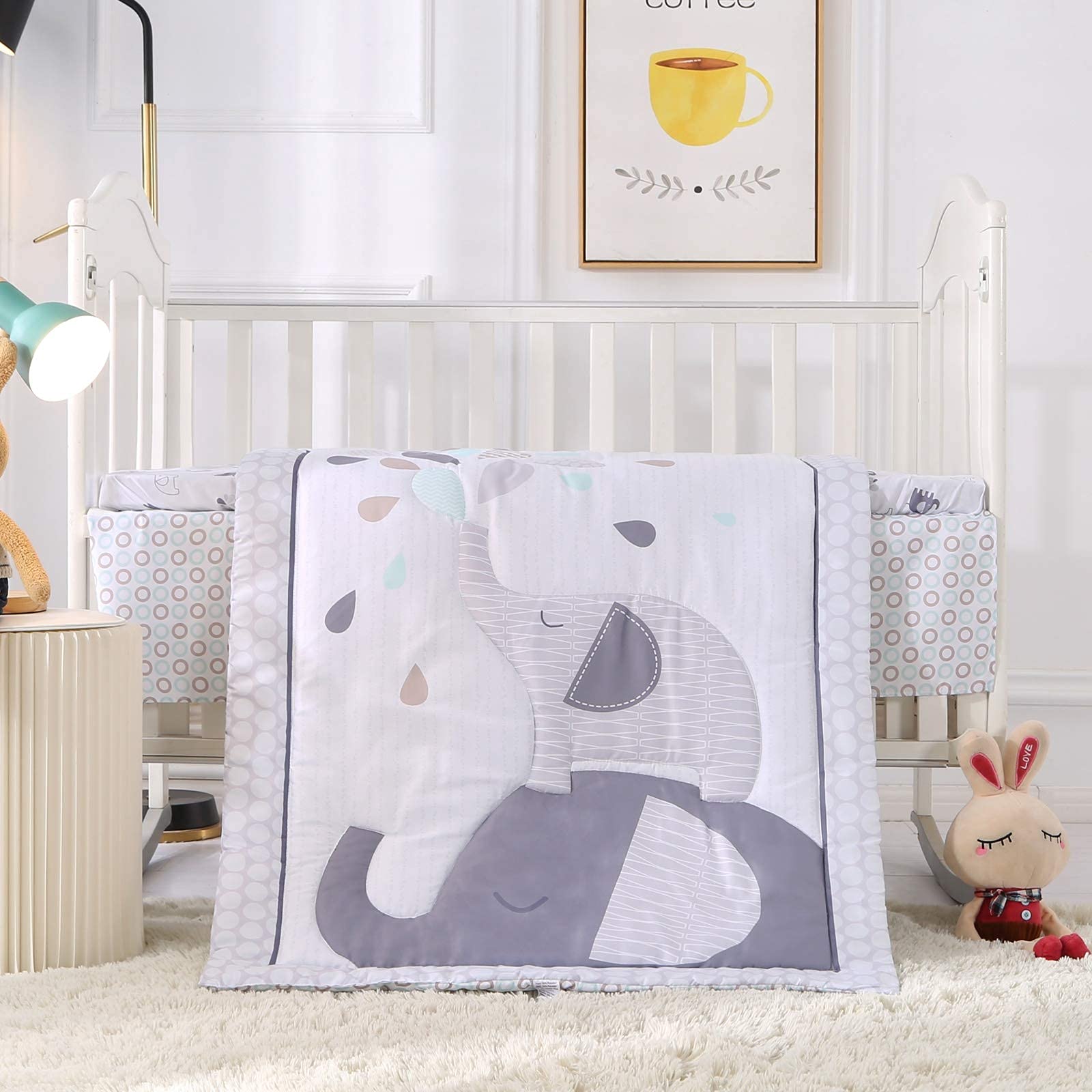 Wowelife Gray Crib Bedding Set, Premium 3-Piece Baby Bedding Set Elephant,Crib Bedding Set for Baby, Breathable and Soft for Boy and Girl