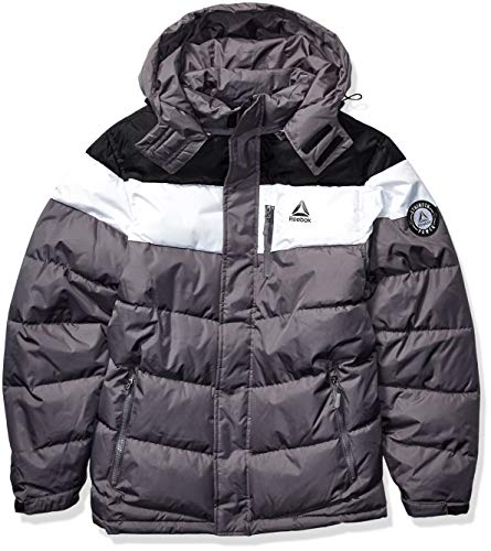 Reebok Men's Heavy Weight Hooded Bubble Jacket, Power Black/White/mid Grey, X-Large